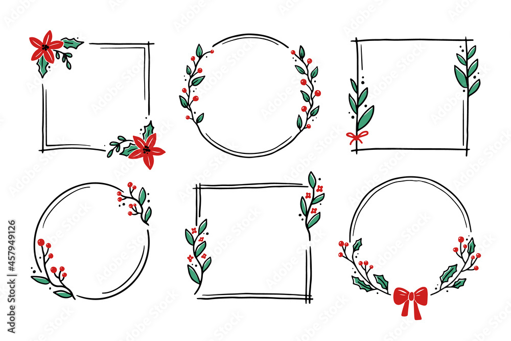 Chrirtmas floral frame with circle, round, rectangle shape. Doodle hand ...