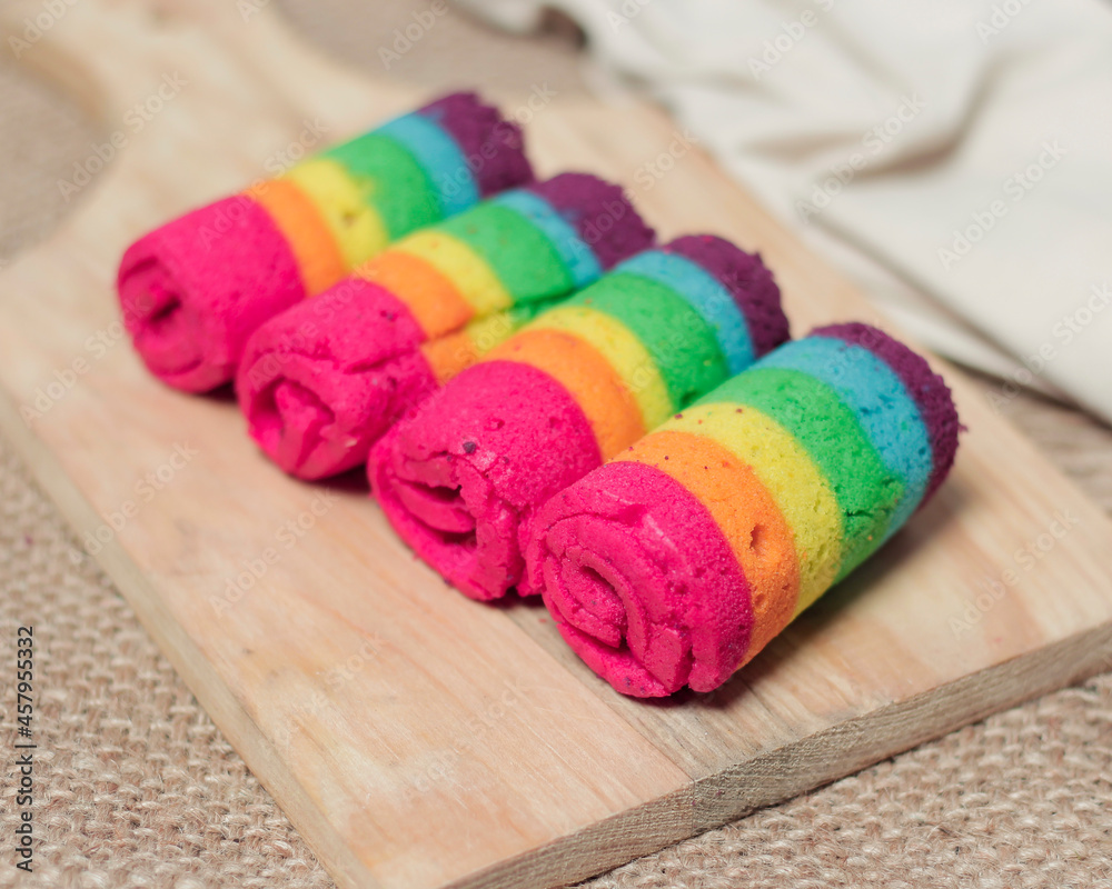 Sponge rolls consist of several colors forming a rainbow formation ...