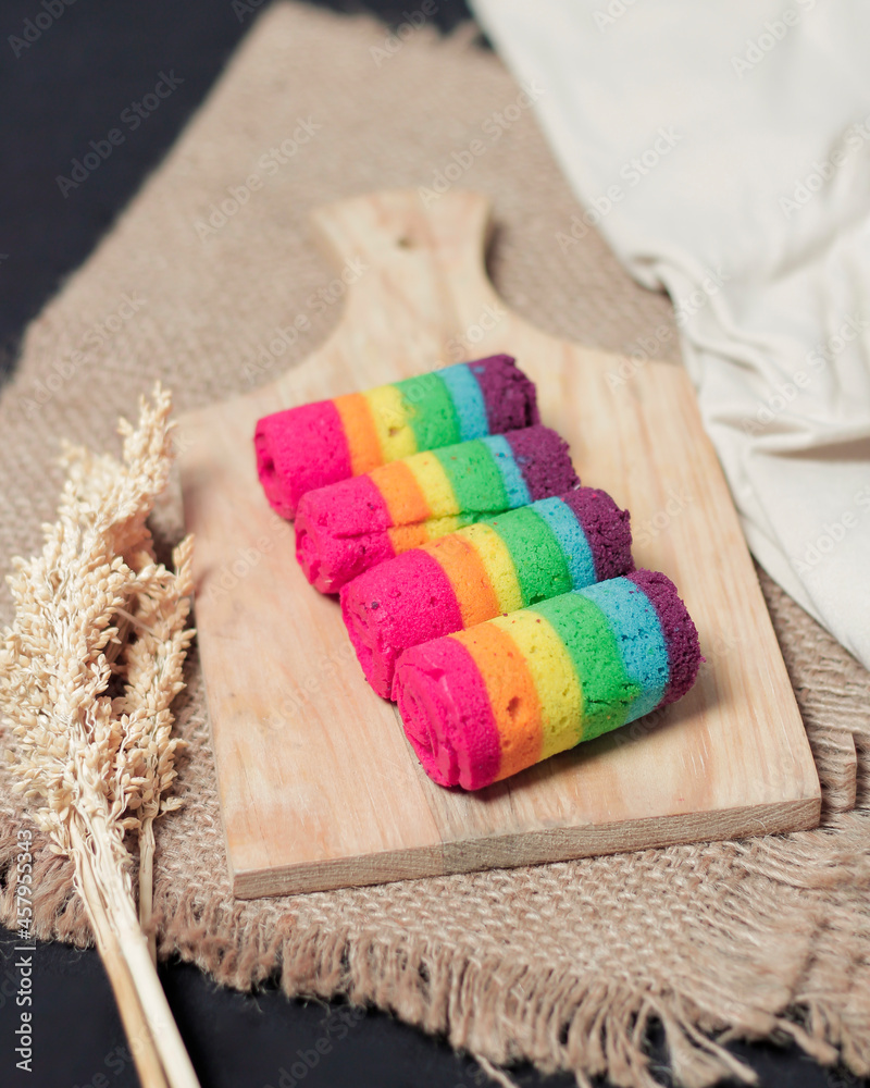 Sponge rolls consist of several colors forming a rainbow formation ...