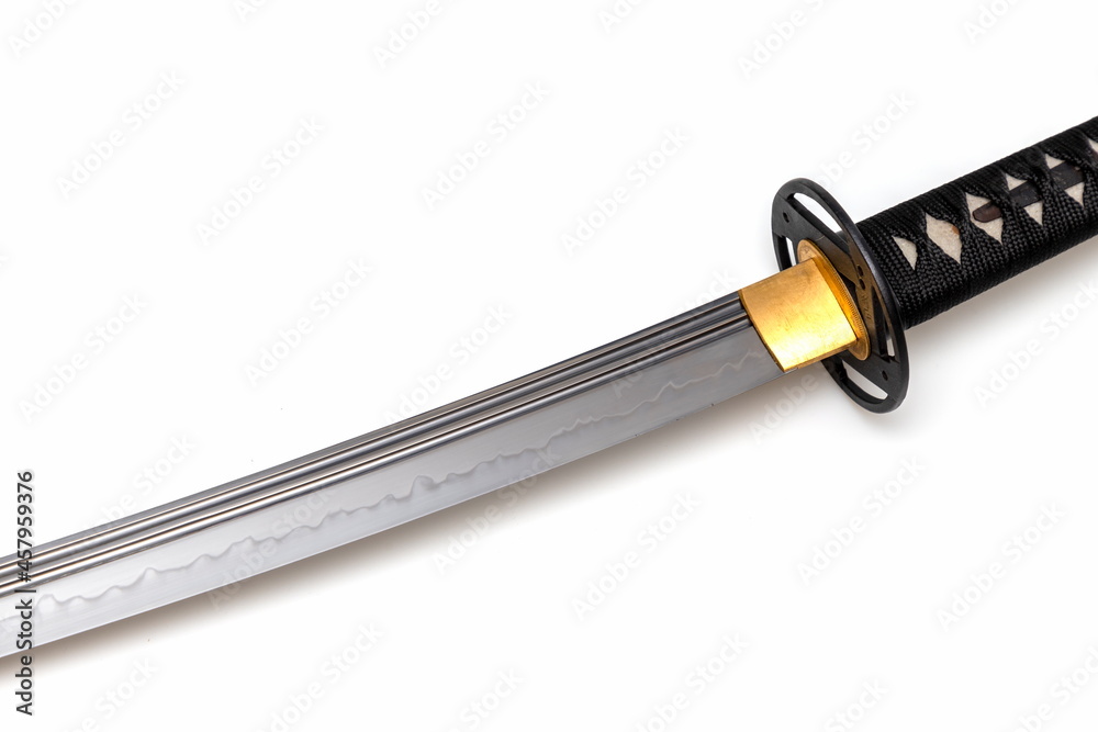Japanese sword blade (made in China) on white background. Soft focus ...