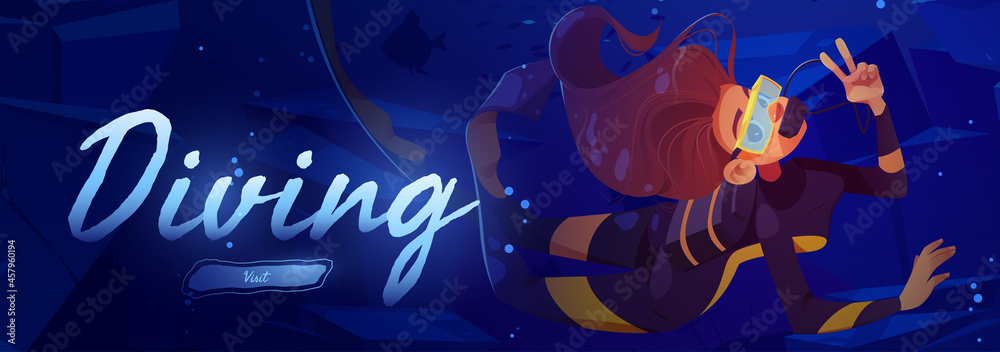 Diving cartoon web banner, scuba diver girl explore sea bottom. Woman ...