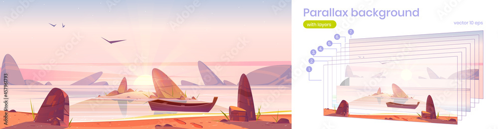 Parallax background, sunrise in ocean 2d nature landscape. Separated ...