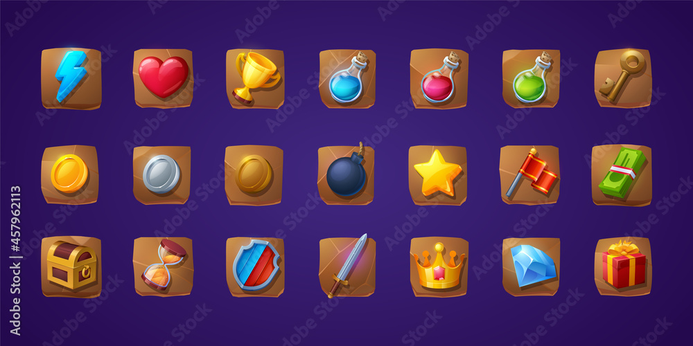 Set of game icons or buttons. Cartoon 3d ui shield, sword, flash and ...