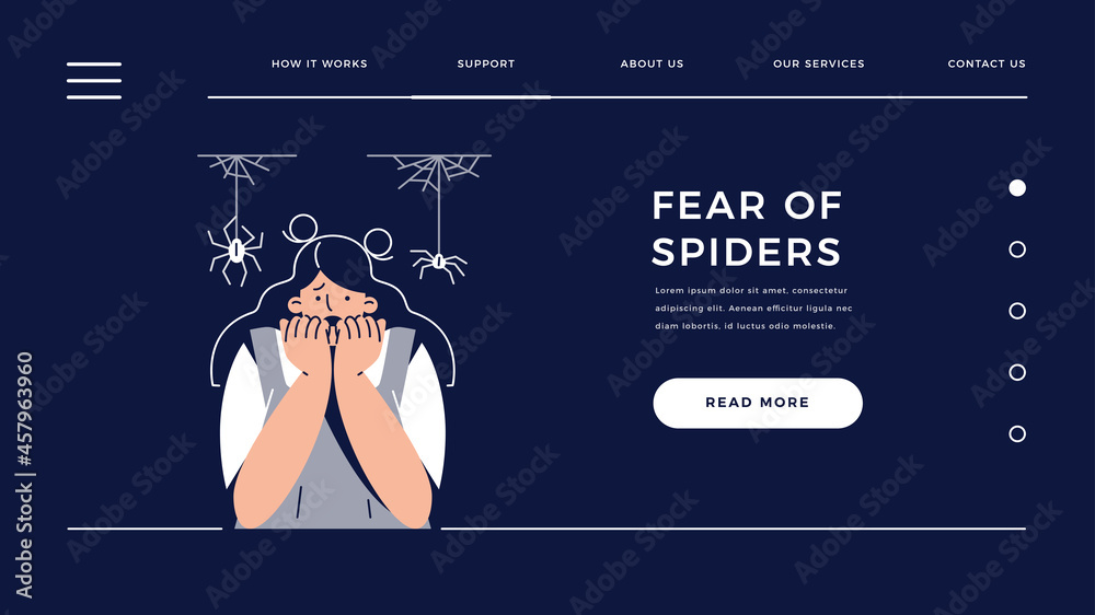 Arachnophobia, Fear of Spiders web template. Frightened woman character ...