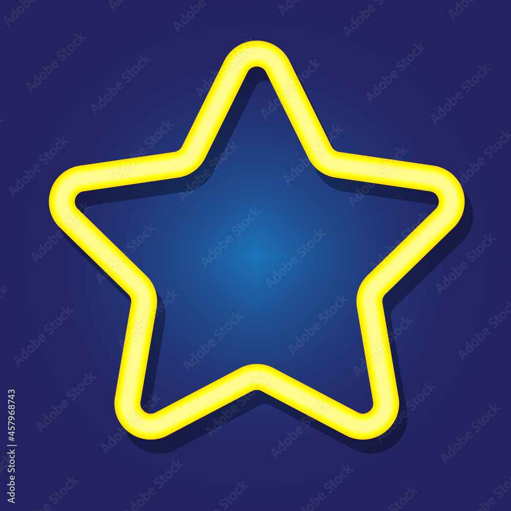 Yellow neon star icon. Blue background. Quality design element. Glow ...