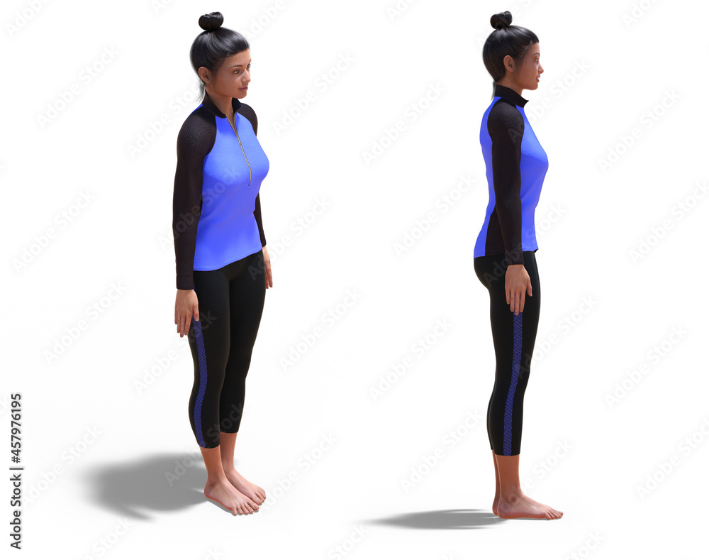 Front three-quarters and Right Profile Poses of a 3D Woman with Sport ...