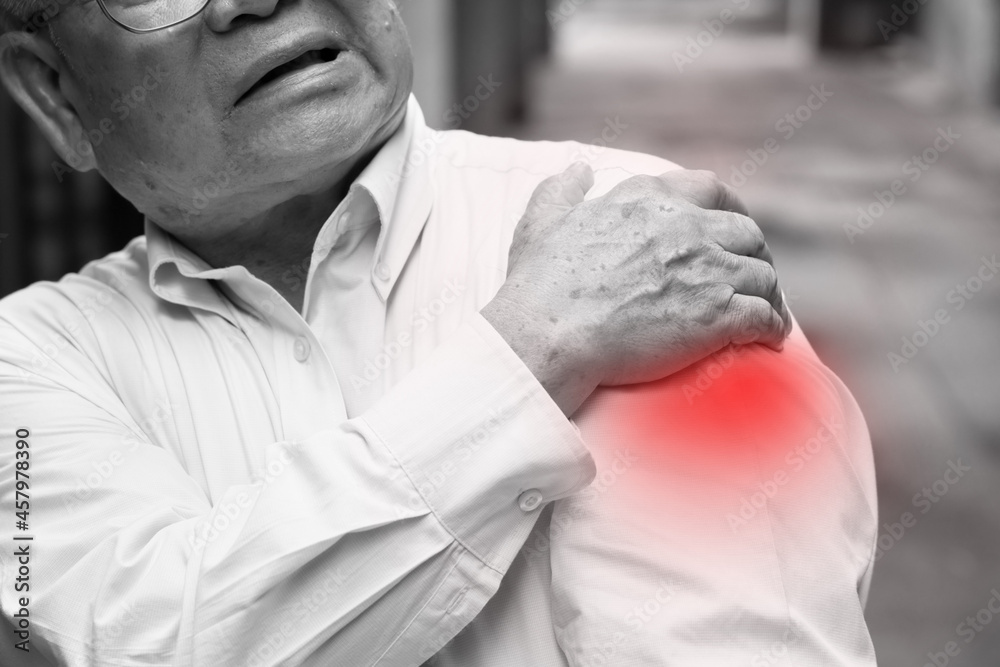 Closeup of vaccinated asian senior man suffering from vaccine side ...