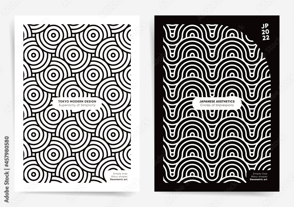 Black and white monochrome poster cover set. Japanese waves and lines ...