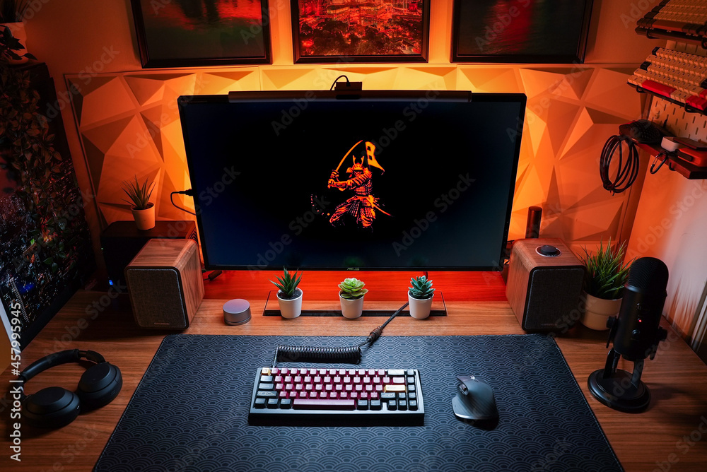 MechaMechanical keyboard with colorful keycaps, coiled cable and mouse ...