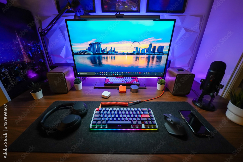 MechaMechanical keyboard with colorful keycaps, coiled cable and mouse ...