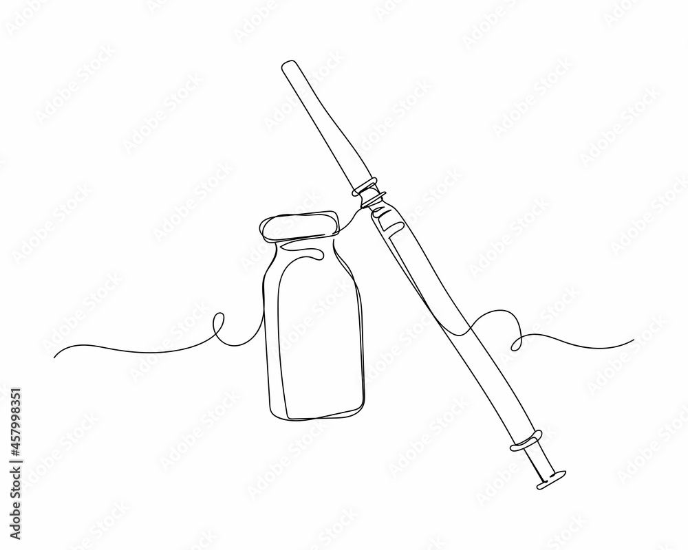 Continuous one line drawing of bottle with syringe vaccine medical in ...