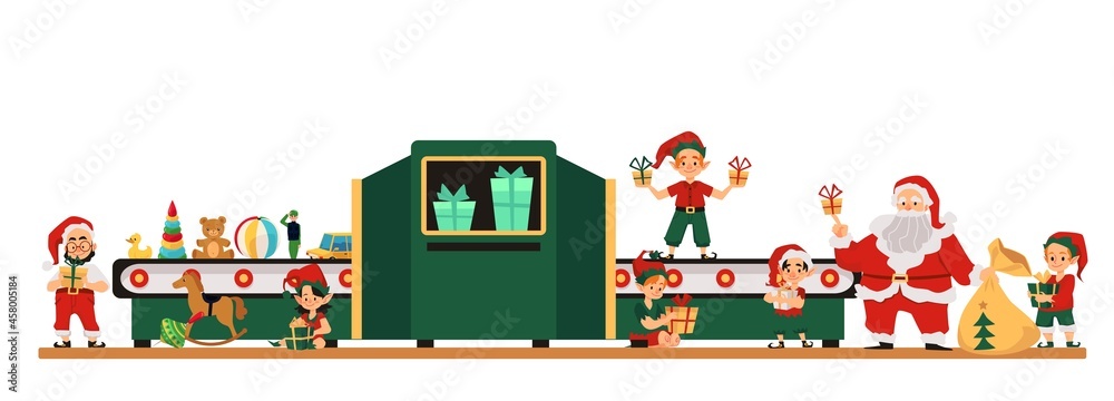 Christmas factory or Santas gifts plant, flat vector illustration ...
