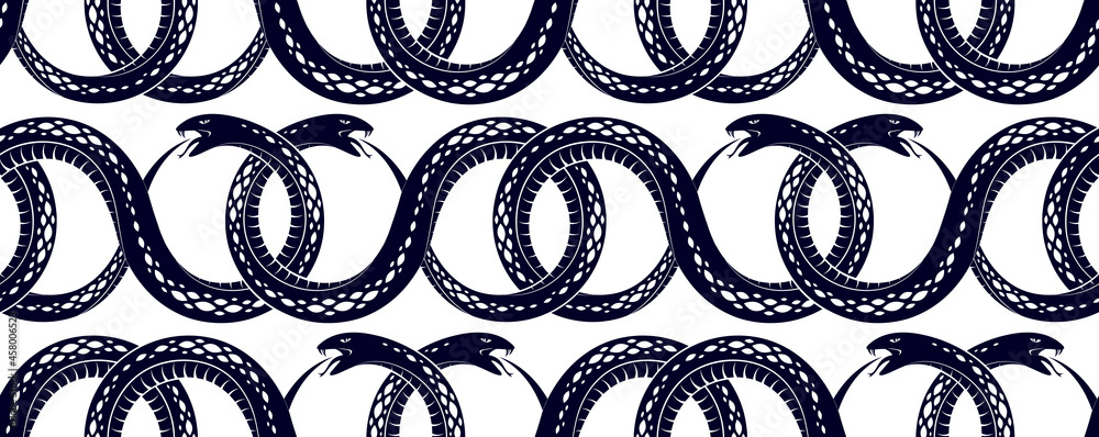 Seamless snakes pattern in vintage drawing style, dangerous poisoned ...