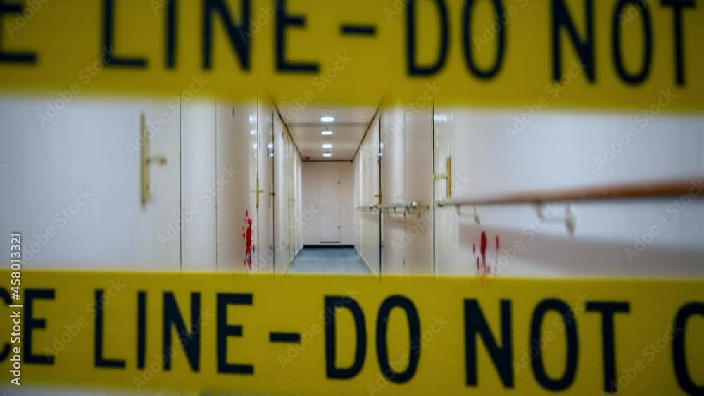 Chalk Outline In Crime Scene In Hotel Corridor, Police Line. Crossing a ...