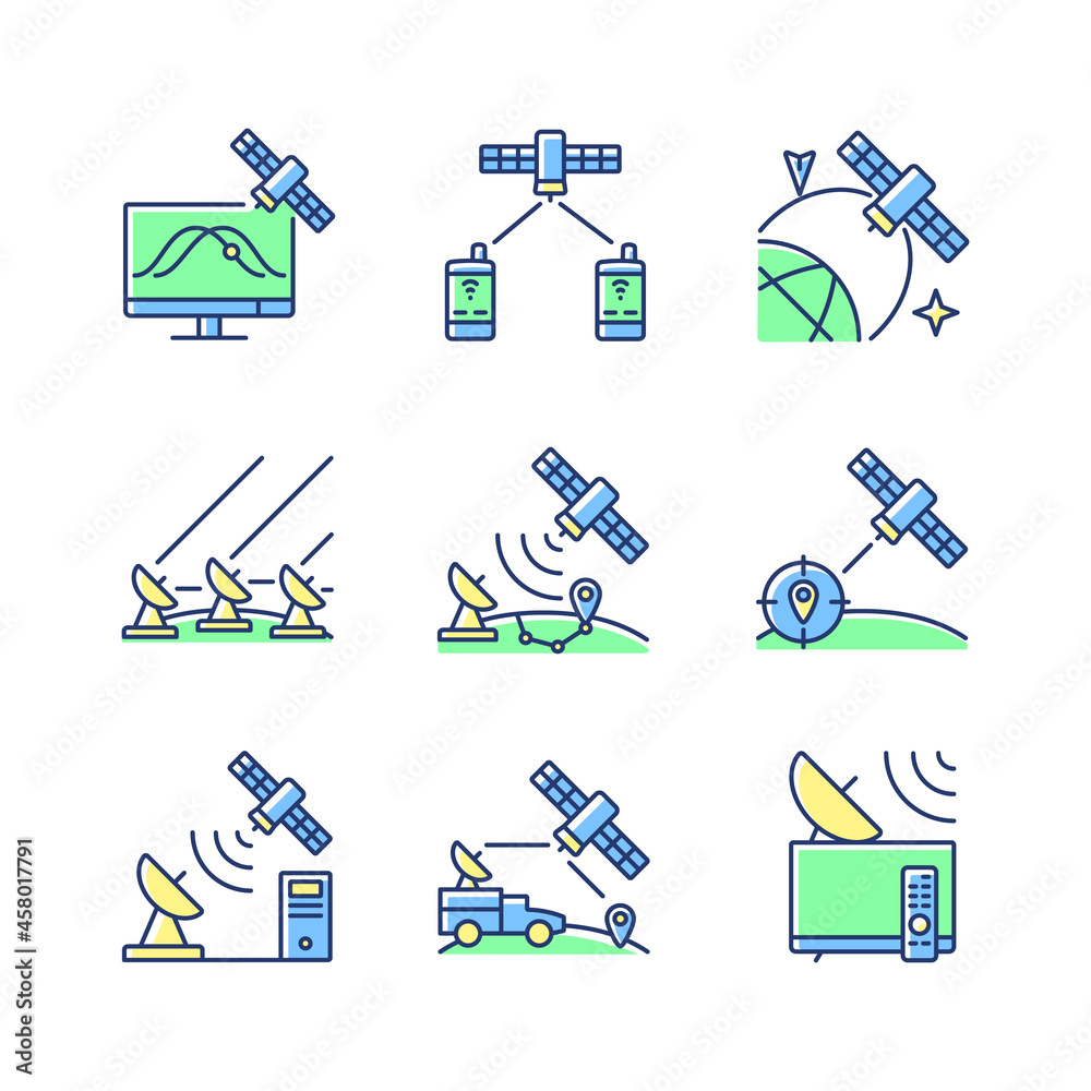 Artificial satellites green, blue RGB color icons set. Satellite ...