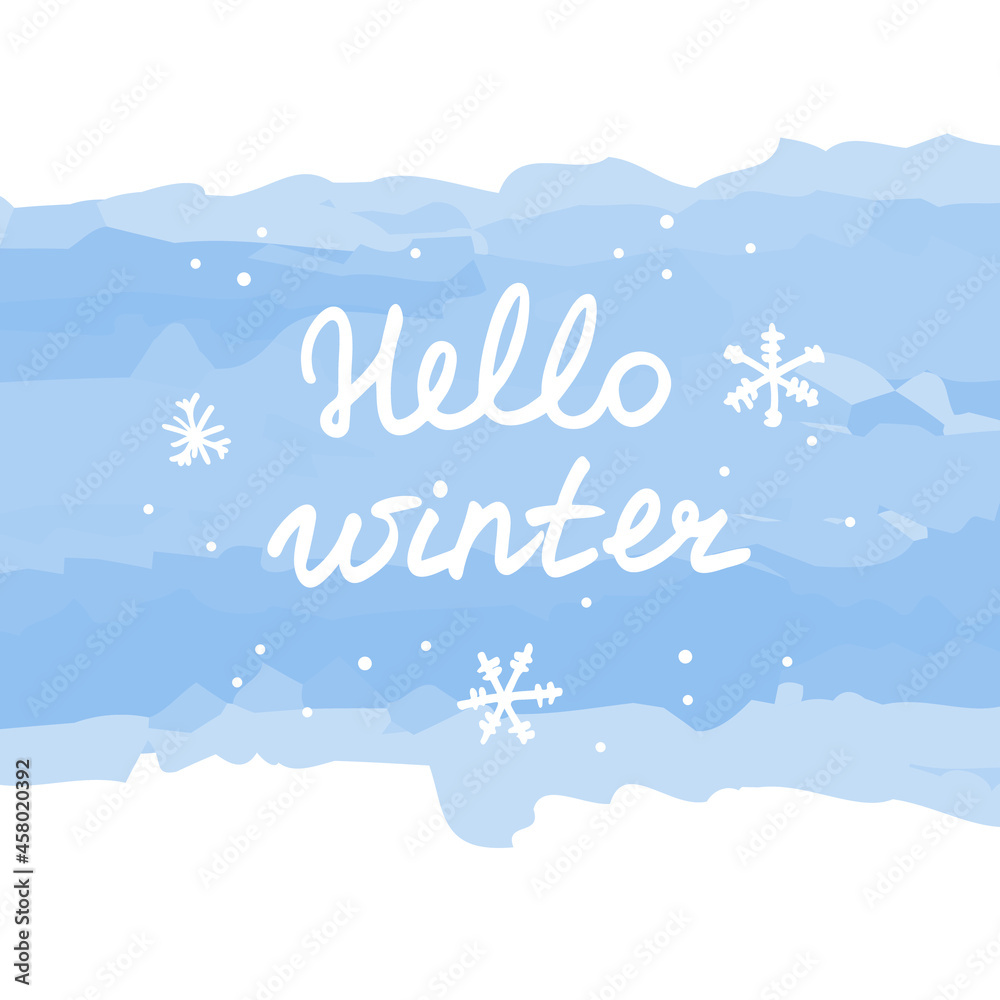 Hello winter lettering on blue watercolor background with hand-drawn ...