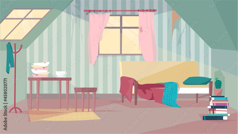 Old abandoned room interior concept in flat cartoon design. Poor sofa ...
