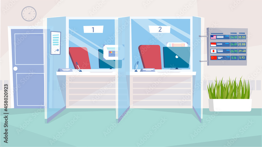 Cash desks windows at bank interior concept in flat cartoon design ...