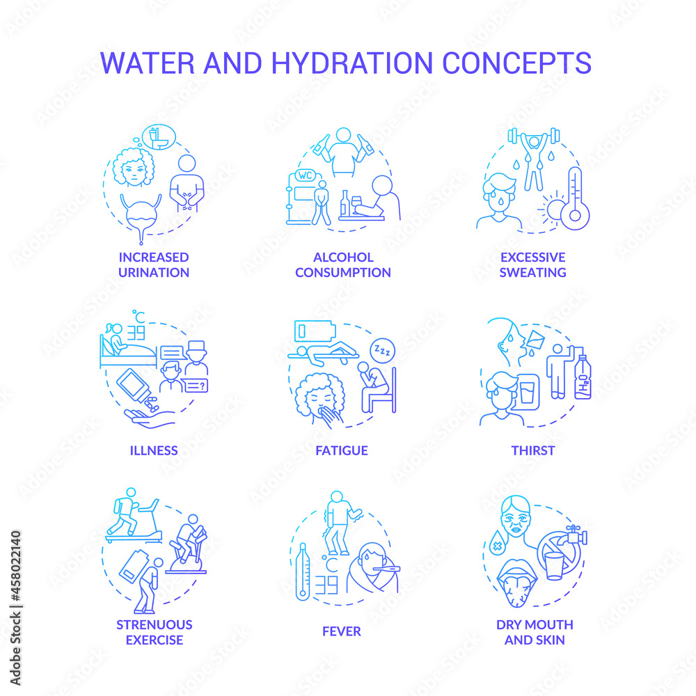 Water and hydration blue gradient concept icons set. Dehydration causes ...