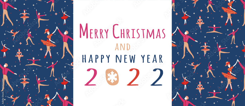 Christmas background with dancing cartoon Ballerina characters in ...