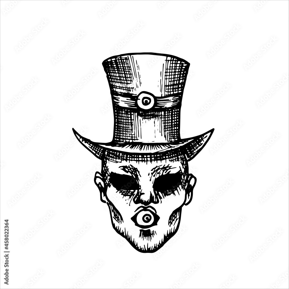 head of an eyeless man in a top hat, he holds one of his eyes in his ...