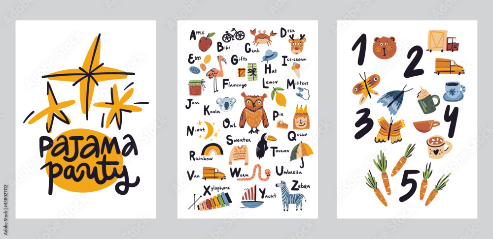 ABC, numbers, poster with lettering Pajama party Collection of nursery ...