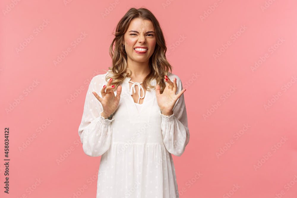 Portrait of girl cringe as telling friend disgusting awful story of her ...