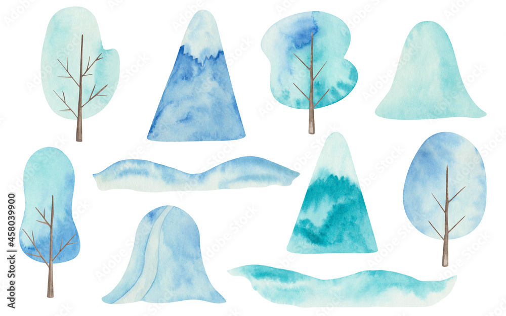 Watercolor illustration hand painted huge bank of snow drift, mountain ...