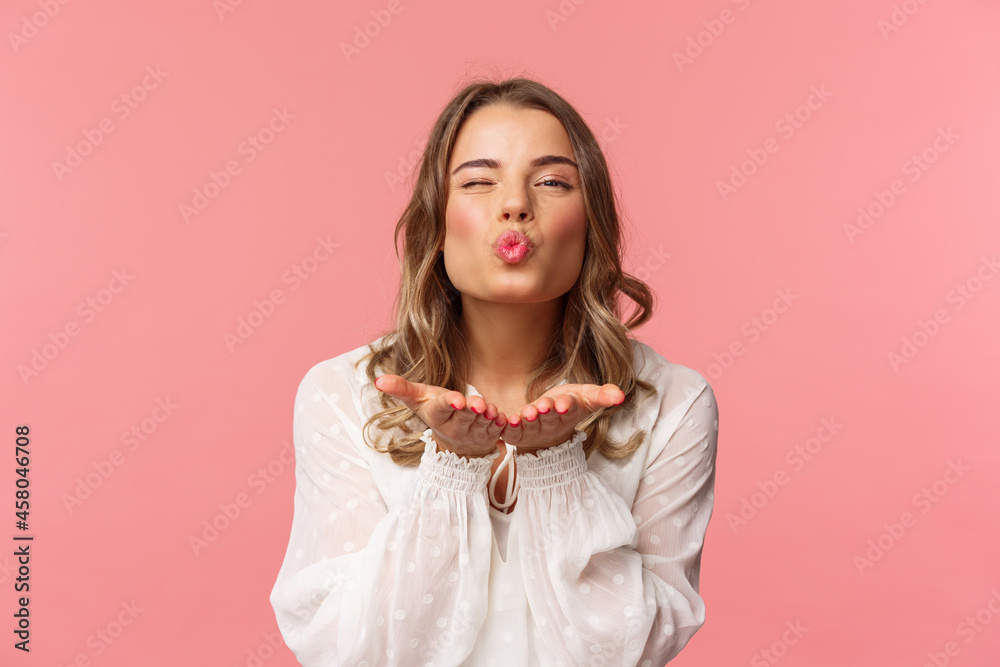 Close-up portrait of lovely feminine girlfriend enjoying spring fine ...
