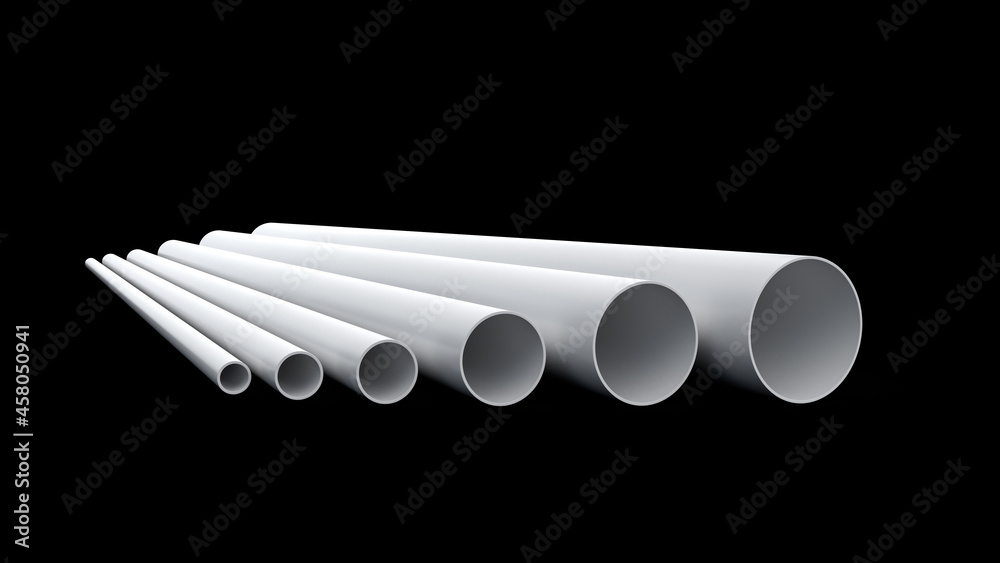 Pipes assortment PVC pipes, Close-up. Tubes PVC pipes on black ...