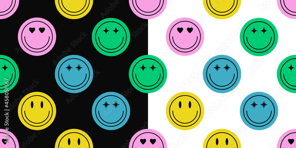 Seamless pattern of different colorful smile face stickers. Smiling ...