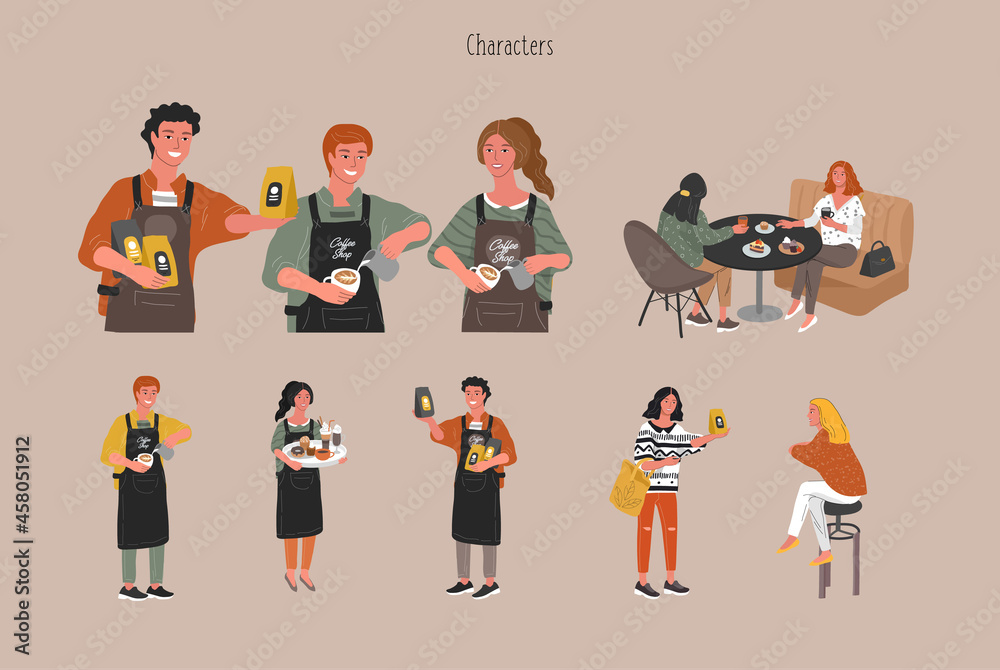 Coffee shop hand drawn collection . Cartoon constructor set. Small ...