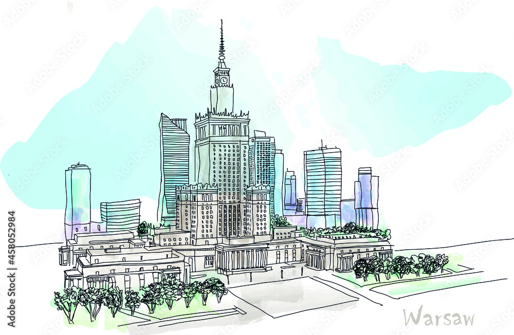 warsaw illustration. palace of culture and science. hand drawn sketch ...