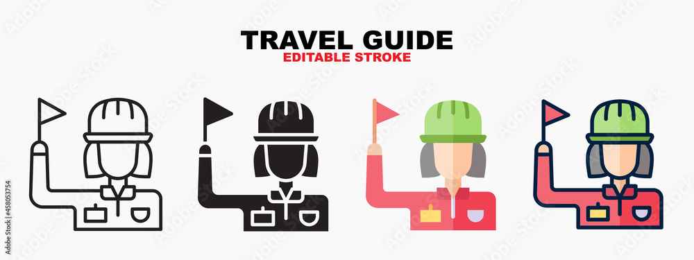 Travel Guide icon set with different styles. Icons designed in filled ...