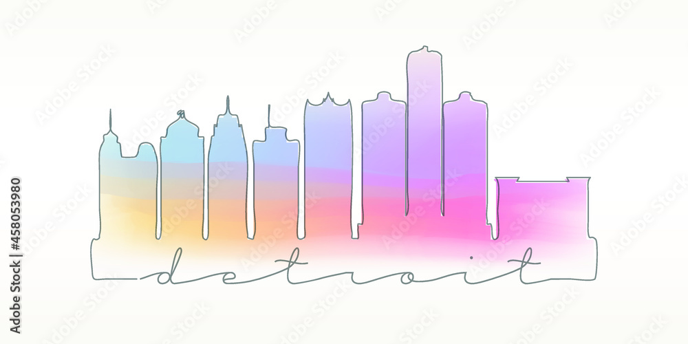Detroit, MI, USA Skyline Watercolor City Illustration. Famous Buildings ...
