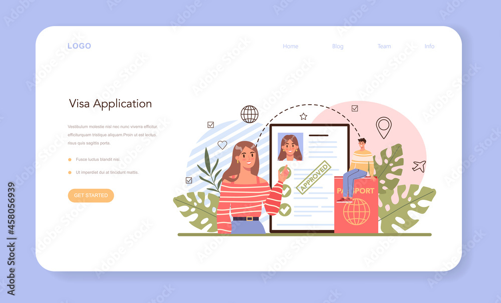 Traveling abroad web banner or landing page. Visa application approving ...