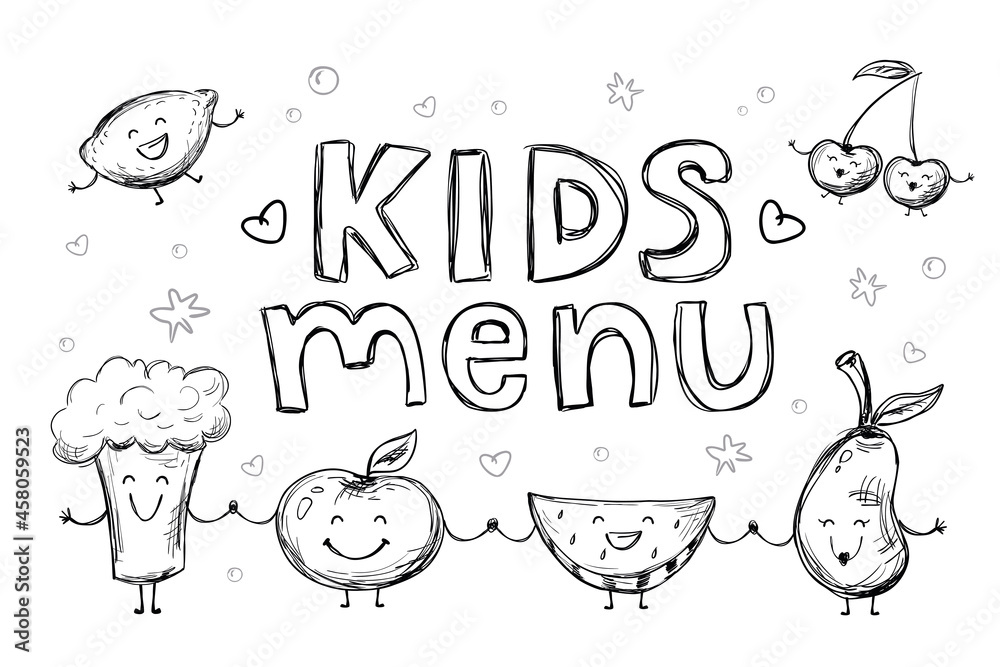 Template for children menu. Hand drawn different cartoon fruits ...