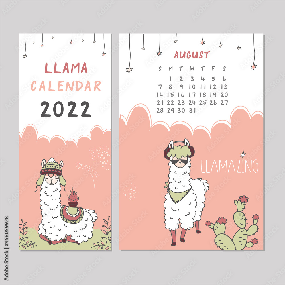 Calendar 2022, Sunday first. August month. Schedule template with cute ...