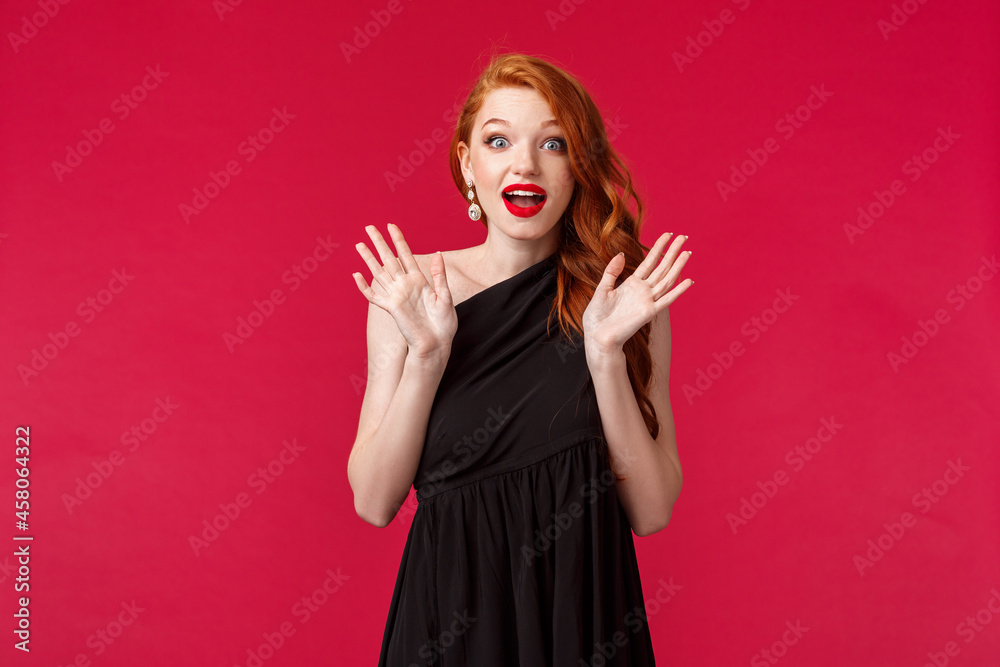 Fashion, luxury and beauty concept. Portrait of excited, overwhelmed ...