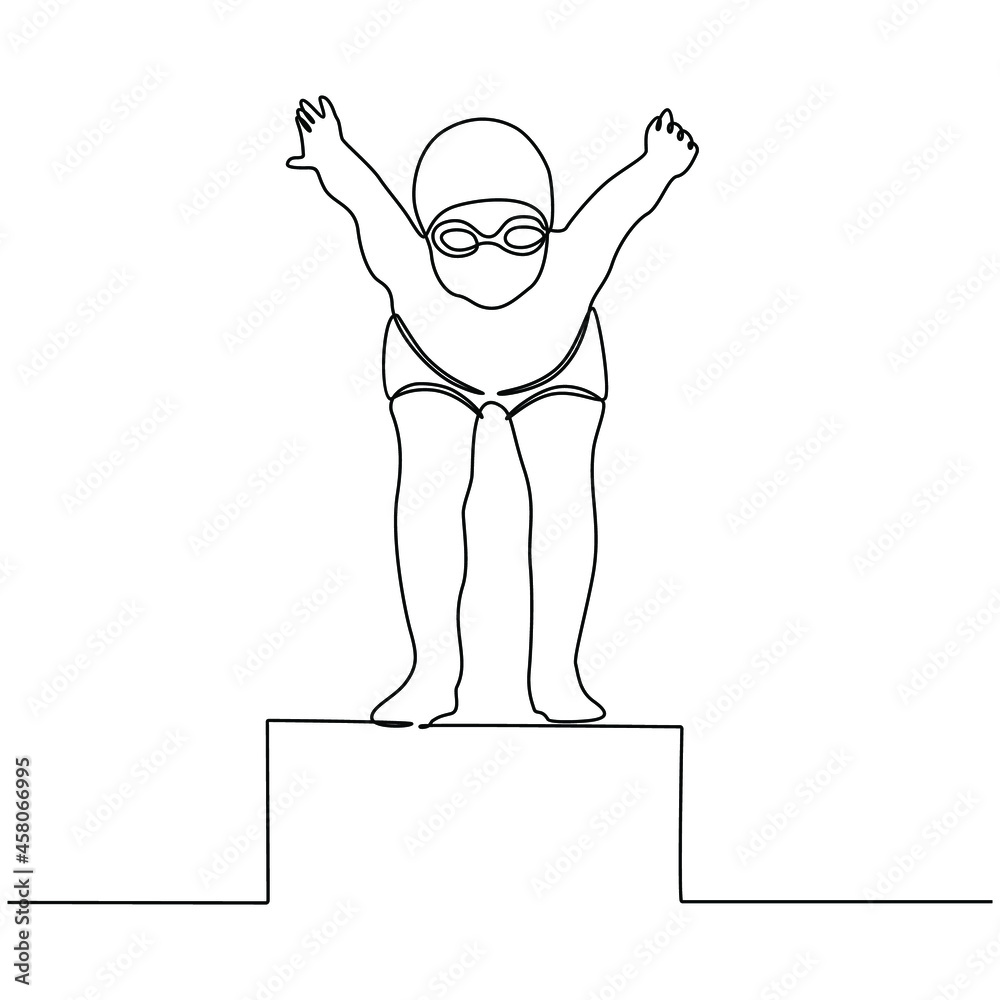 continuous line drawing of young professional swimmer practicing ...