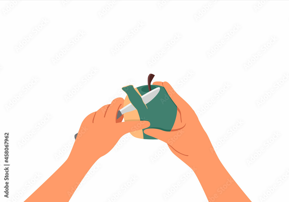 Hands peeling a green apple with a knife. Top view. The concept of ...