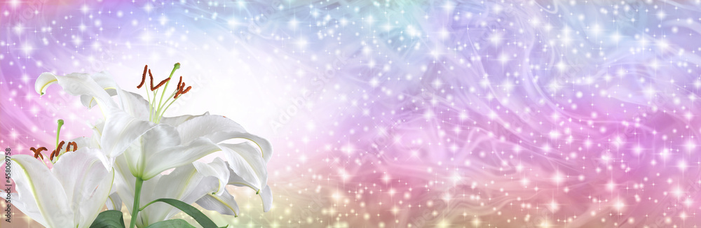 Pure White Lily Message Banner - two lily heads with a white ball of ...