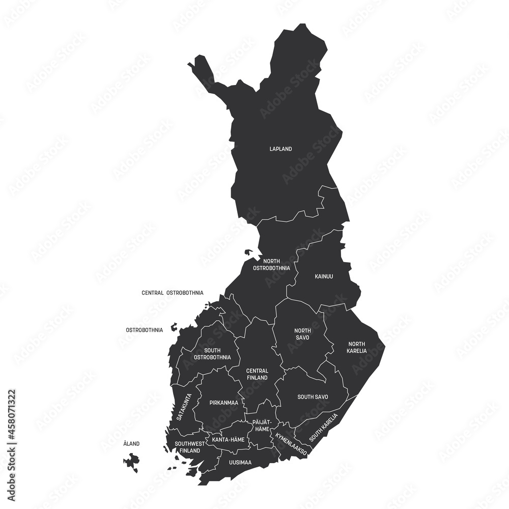 Grey political map of Finland. Administrative divisions - regions ...