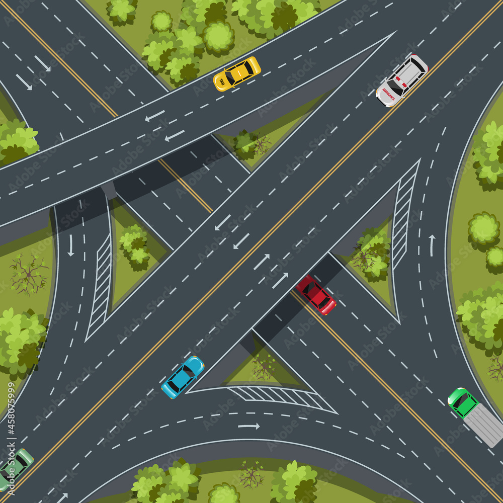 Aerial top view highway junction, cross roads, interchange and ...