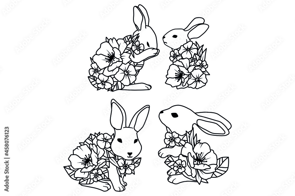 Vector doodle coloring book page of cute rabbit in flowers. Antistress ...