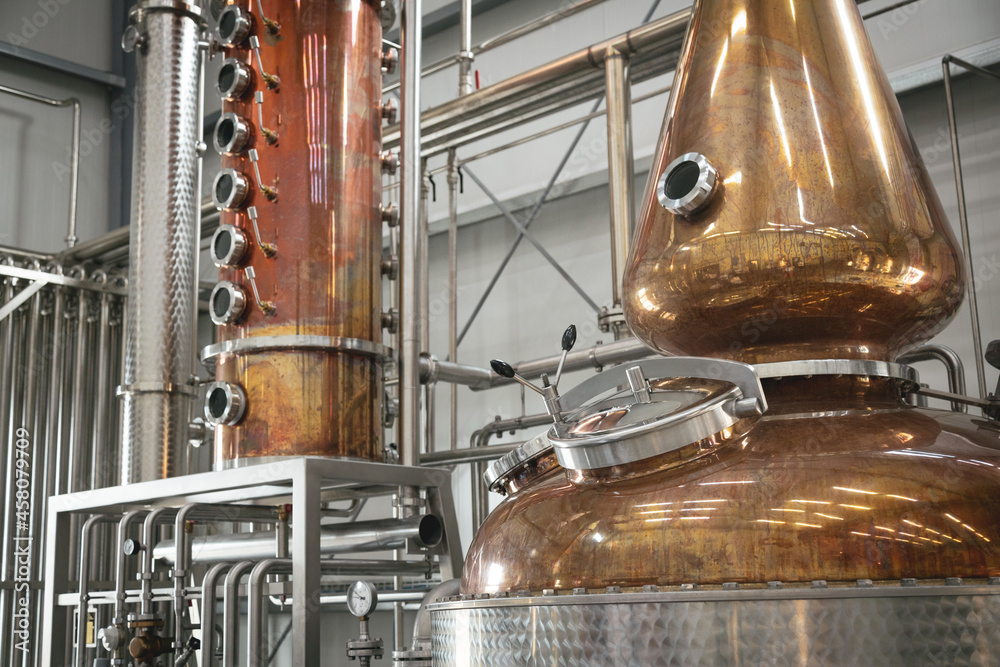 Modern distillery equipment. Industrial equipment for whisky production ...