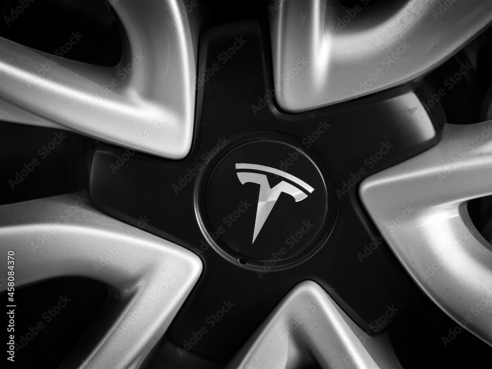 Tesla logo on Tesla Model 3 rim Stock Photo | Adobe Stock