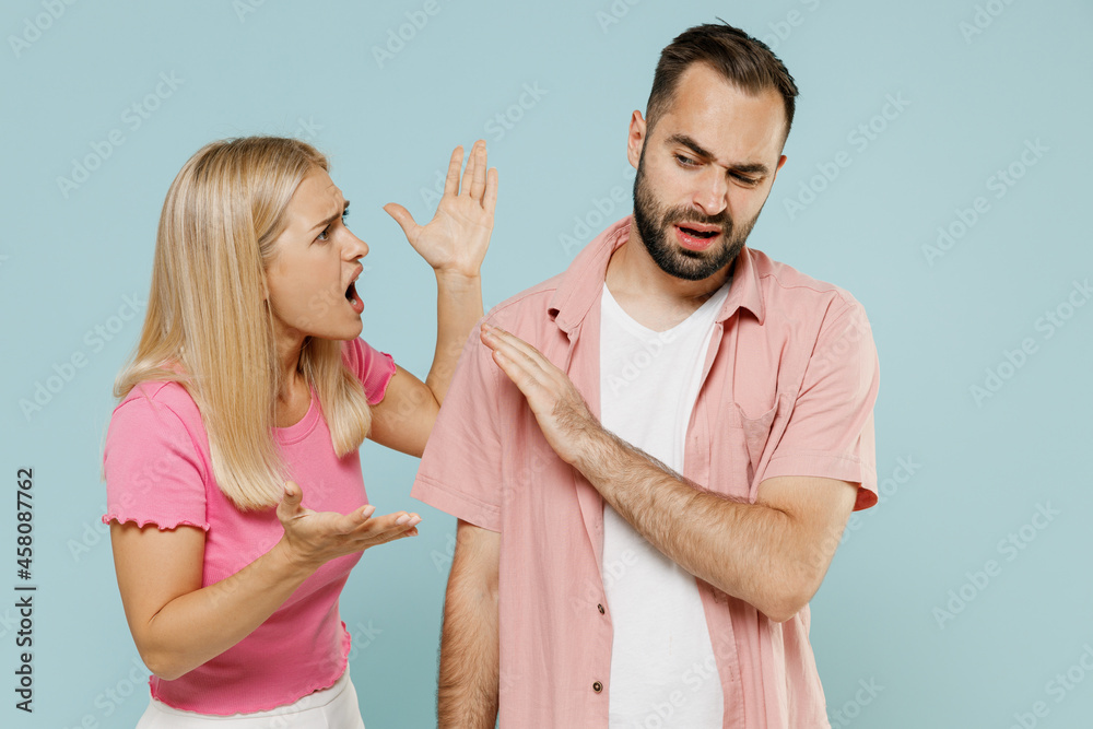 Young arguing sad couple two friends family man woman 20s in casual ...