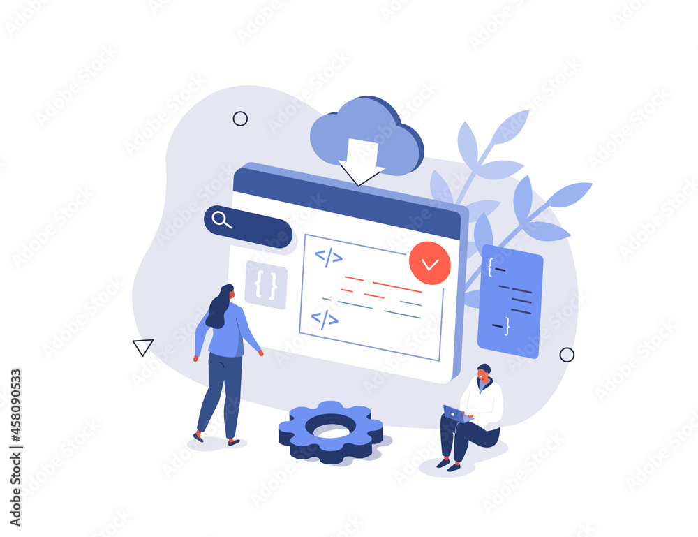 People characters developing software and sending data to cloud storage. Developers team ...
