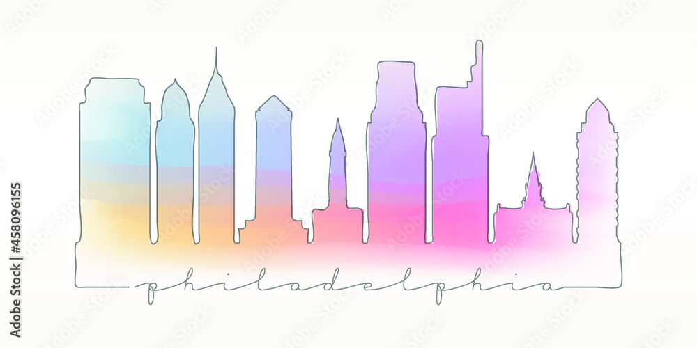 Philadelphia, PA, USA Skyline Watercolor City Illustration. Famous ...